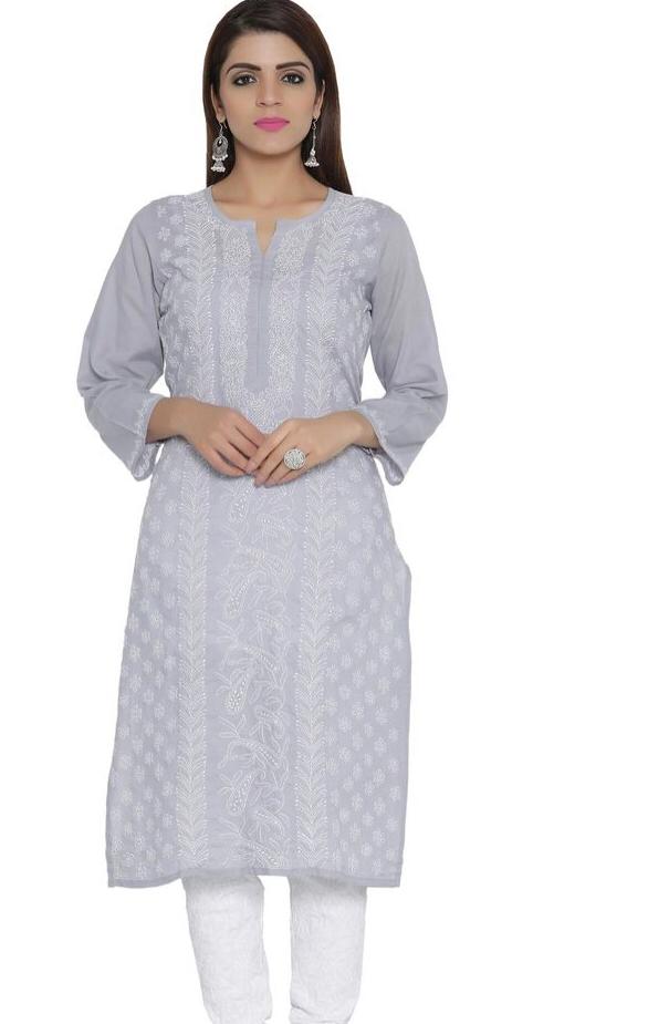Lucknowii Chickankari Kurta Light Grey - J's Store
