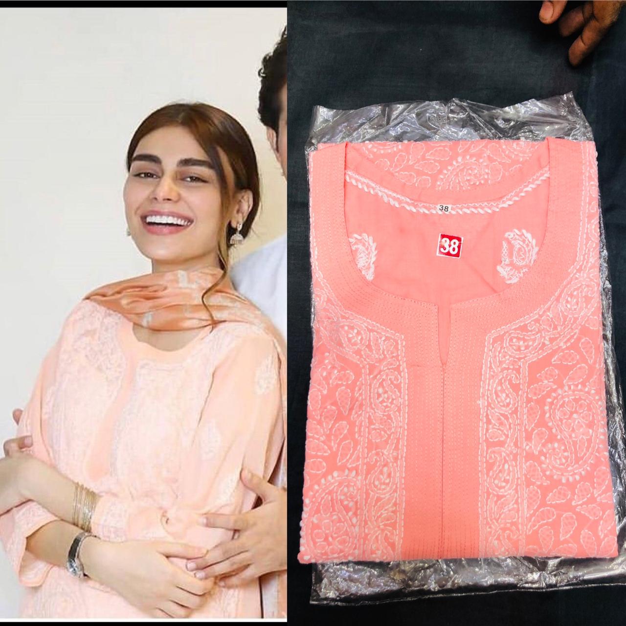 Lucknowii Chickankari Kurta Coral Peach - J's Store